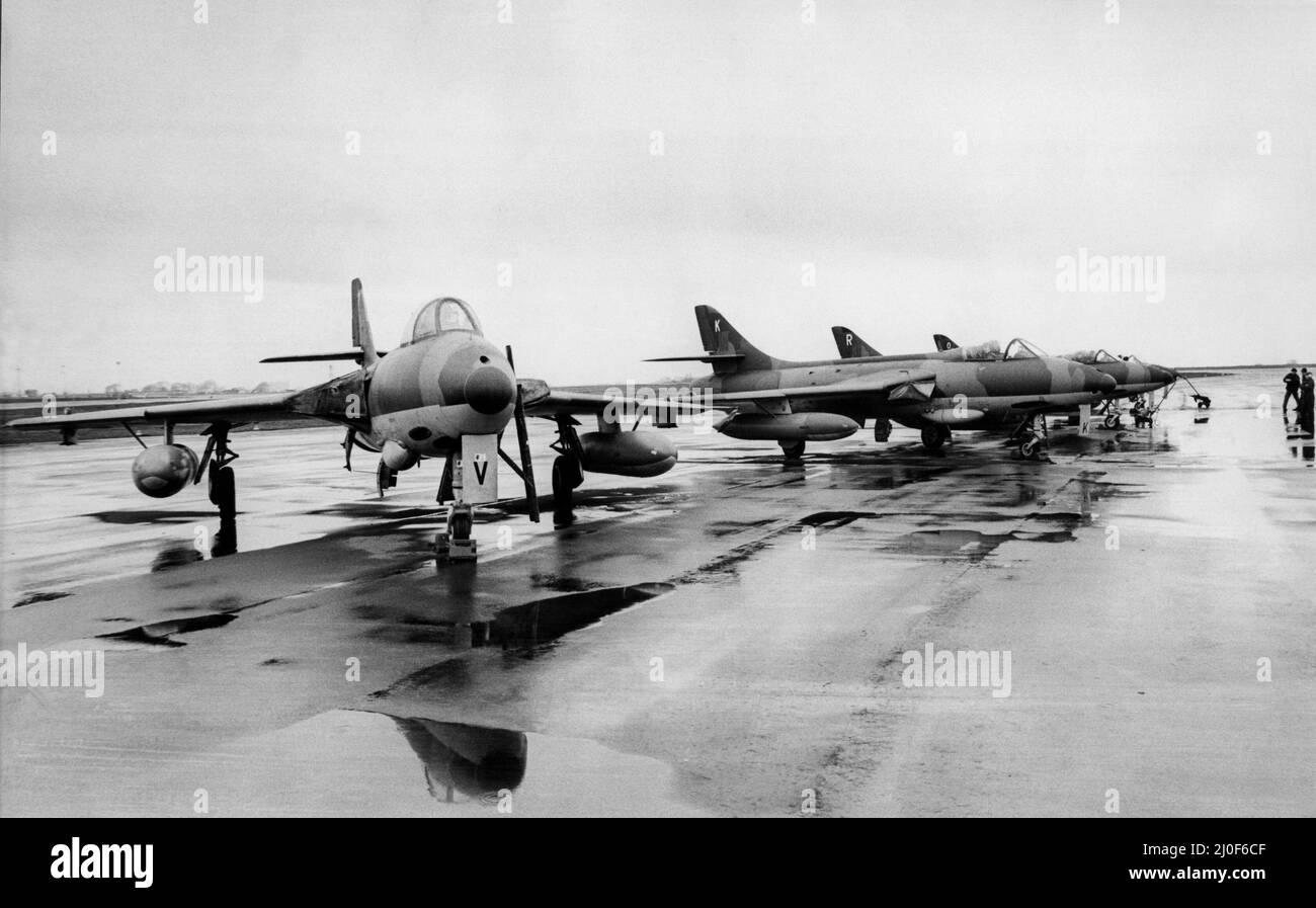 RAF Hawker Hunter aircraft at Newcastle Airport. 4th April, 1980 Stock ...