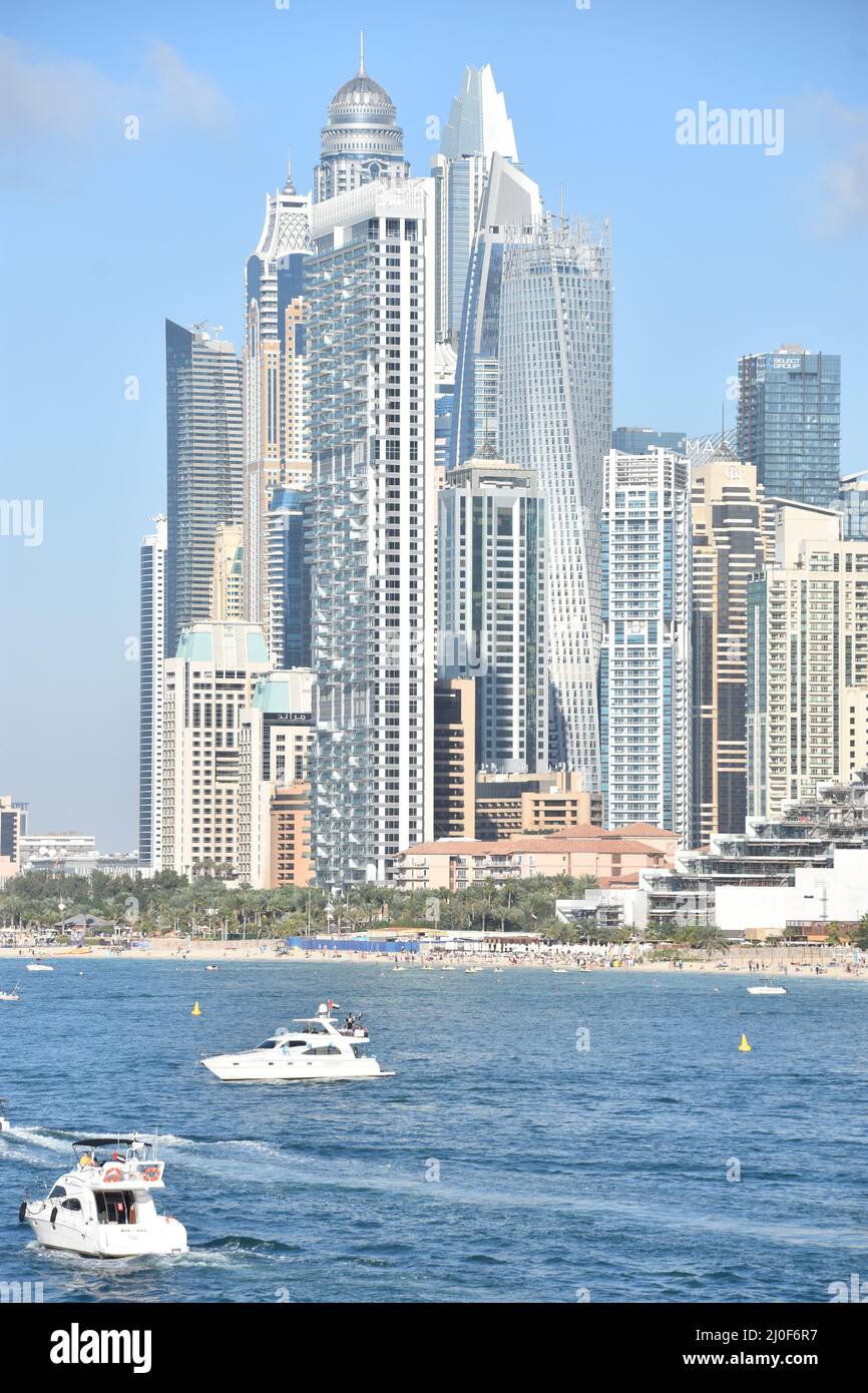 View of Jumeirah Beach Residence from Bluewaters Island in Dubai, UAE ...
