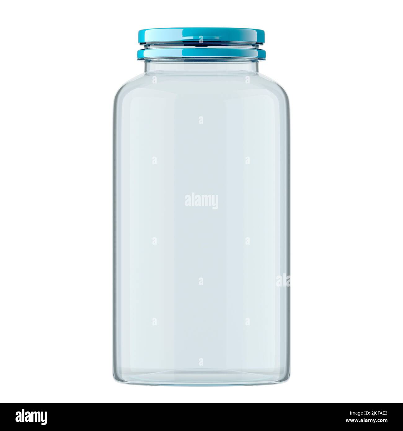Empty plastic transparent jar with a blue lid on a white background. 3D ...