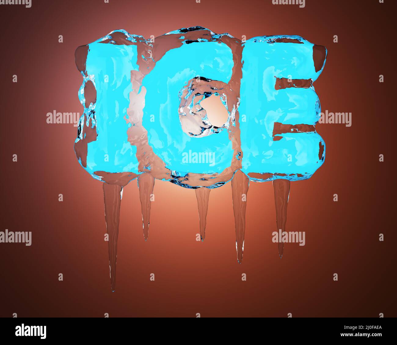 The word ice is frozen in a transparent piece of ice on a brown backlit ...