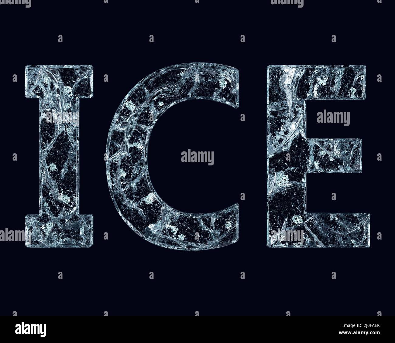 The word ice is made of ice with cracks on a dark background. 3D ...
