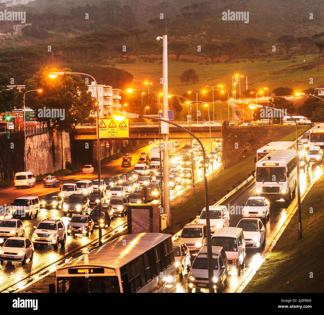 Slow going during rush hour. Shot of a traffic on the motorway Stock ...