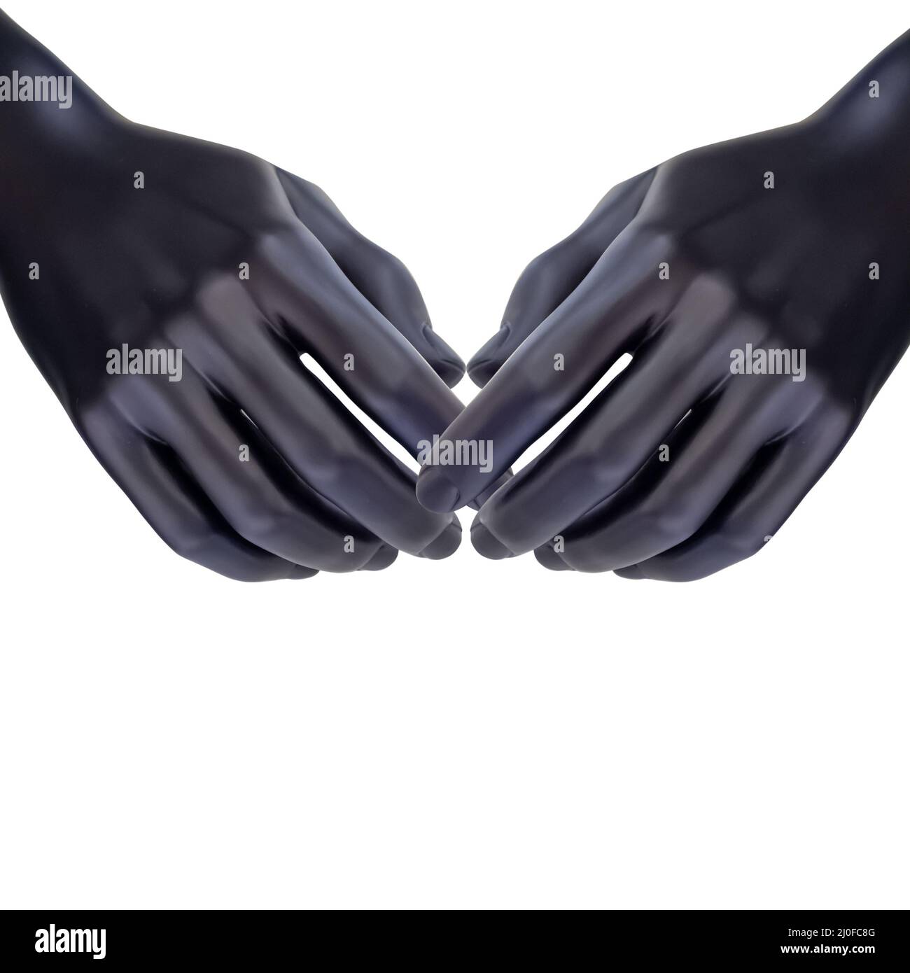 Two black plastic hands are pointed towards each other with close-up ...