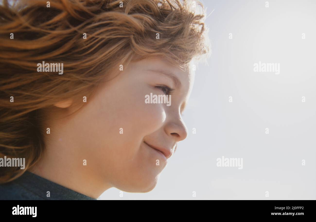 Head close up. Close up head shot of child. Kids face, little boy ...