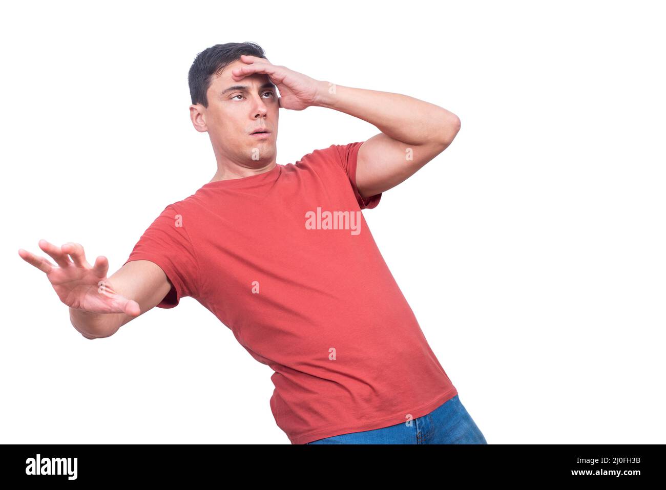 Male model with hand on forehead demonstrating dizziness Stock Photo ...