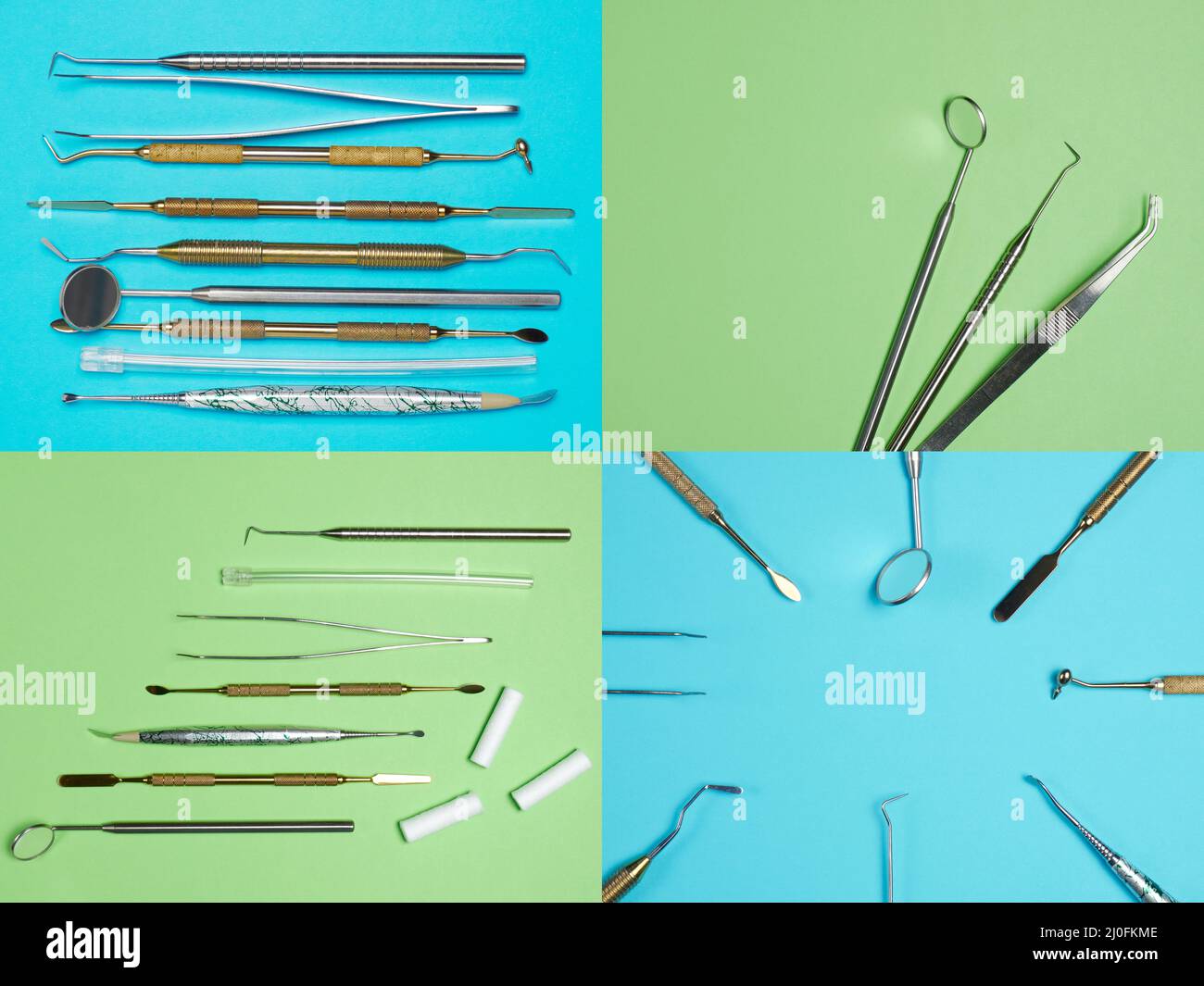 Set of dental professional tools on blue and green background. Dental ...
