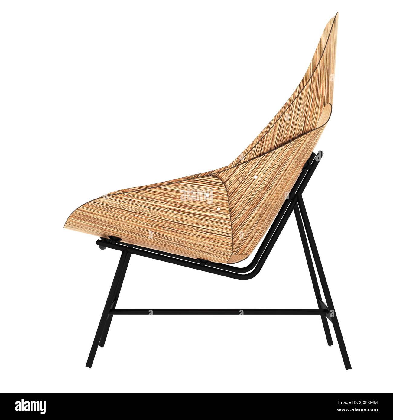 A chair made of thin sheets of wood and a black pillow on the seat side ...