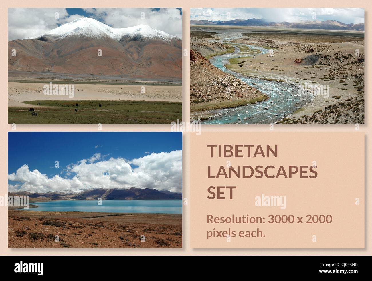 Set of Tibetan landscape with hills, mountains, rivers and lakes ...