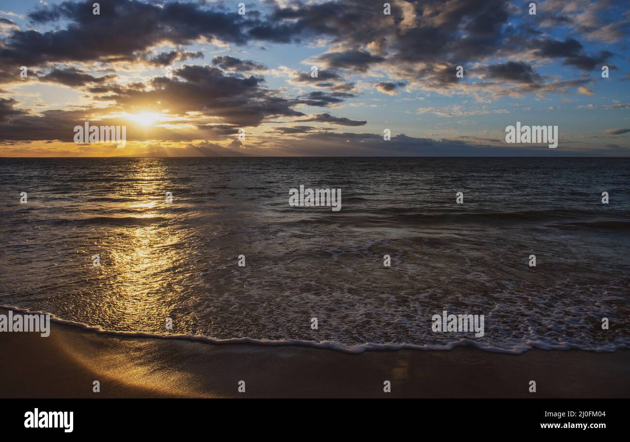 Seaside sunset view of beach, summer vacation background Stock Photo ...