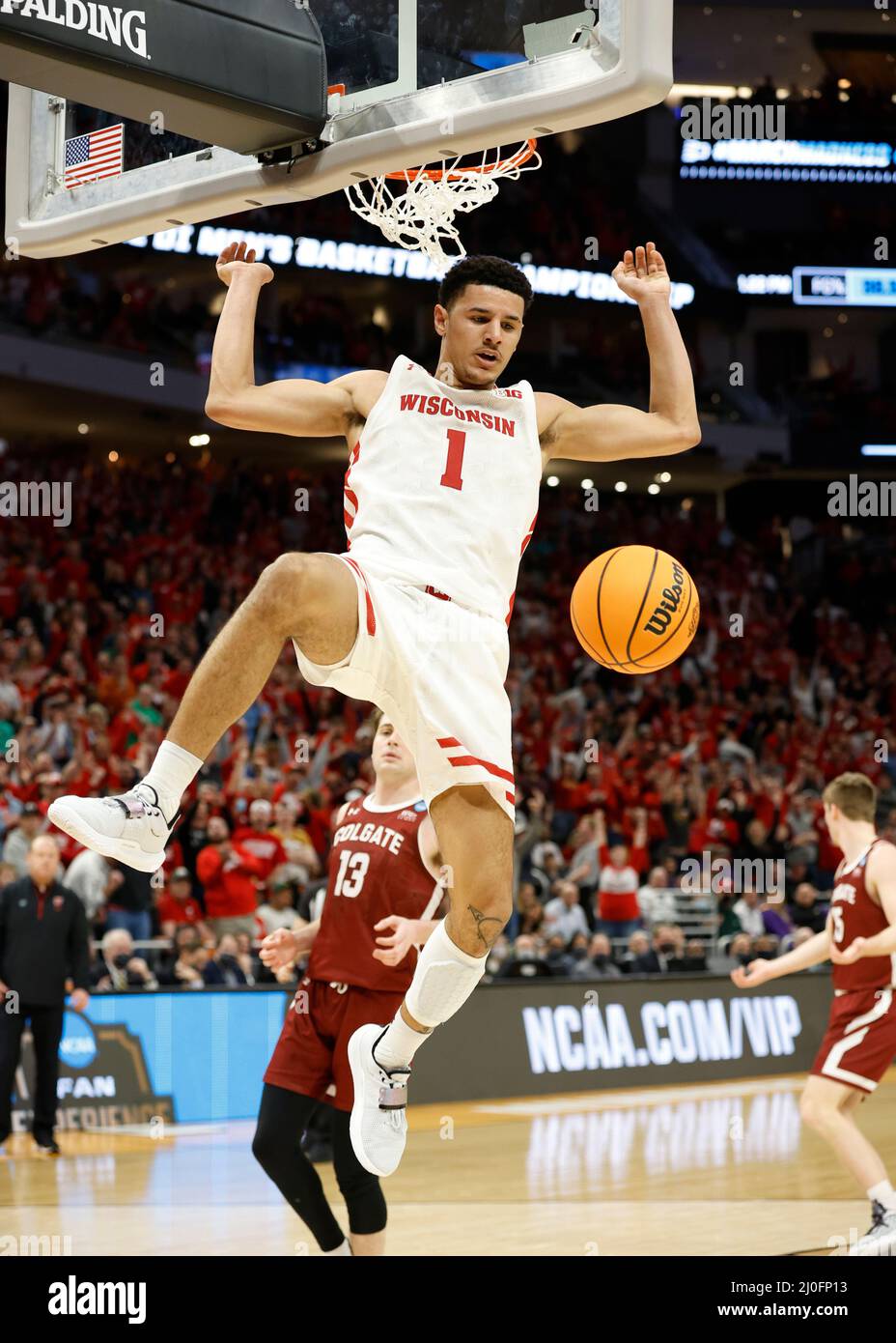 March 18, 2022: Wisconsin Badgers guard Johnny Davis (1) dunks the ball ...