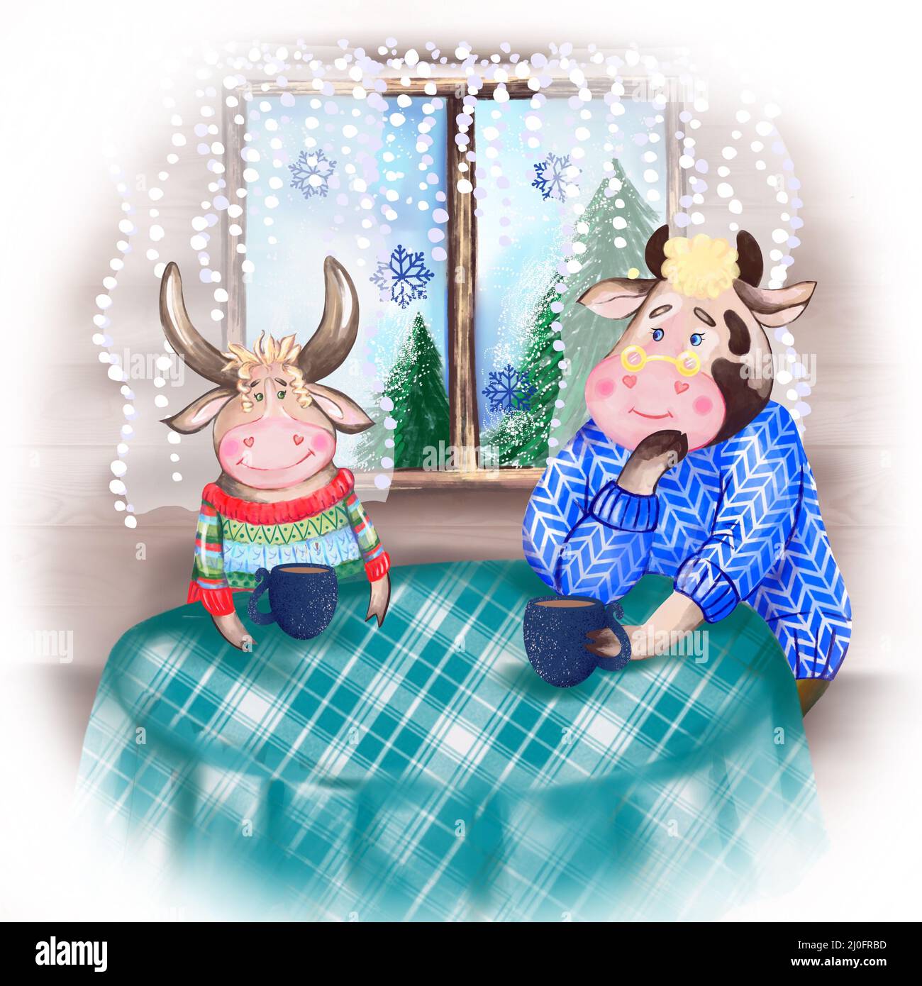 The bull and the cow drinking tea. Symbol of the year 2021. Cute animal ...
