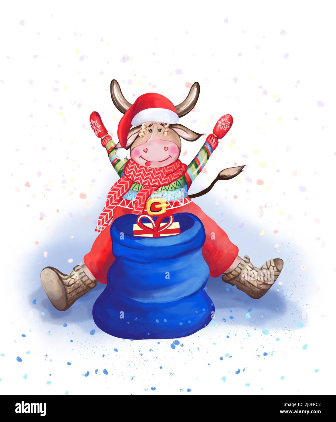 Bull Santa Claus. Symbol of the year 2021. Hand-drawn watercolor ...