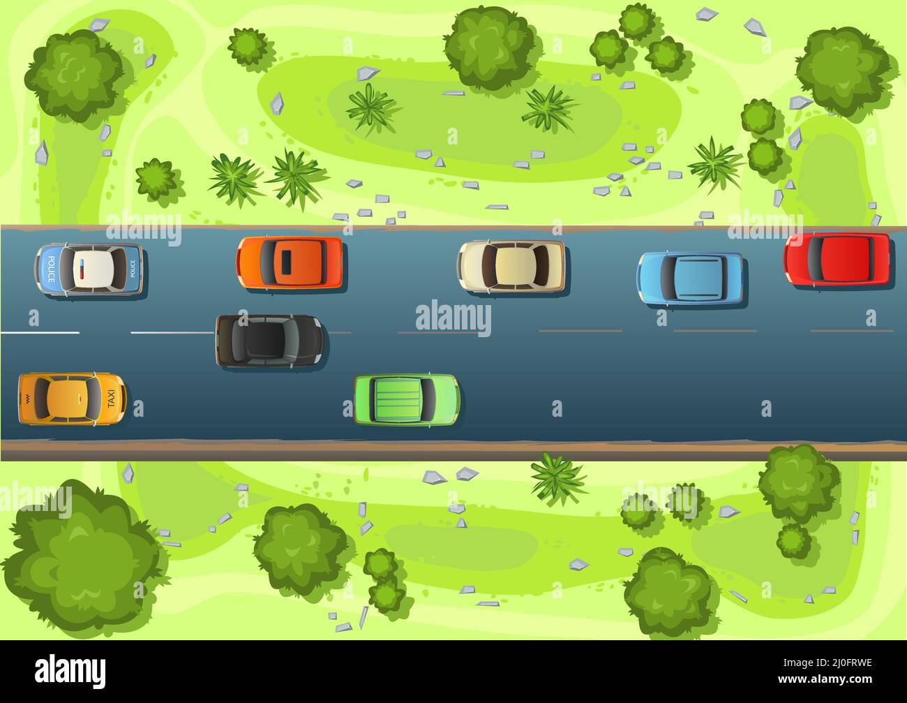 Road with car traffic. View from above. Meadow and fields with trees ...