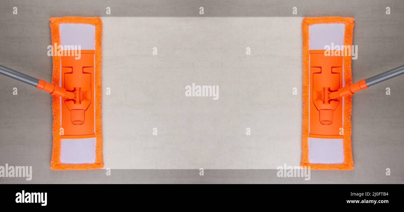 Cleaning grey ceramic floor with orange mop, top view with copy space ...
