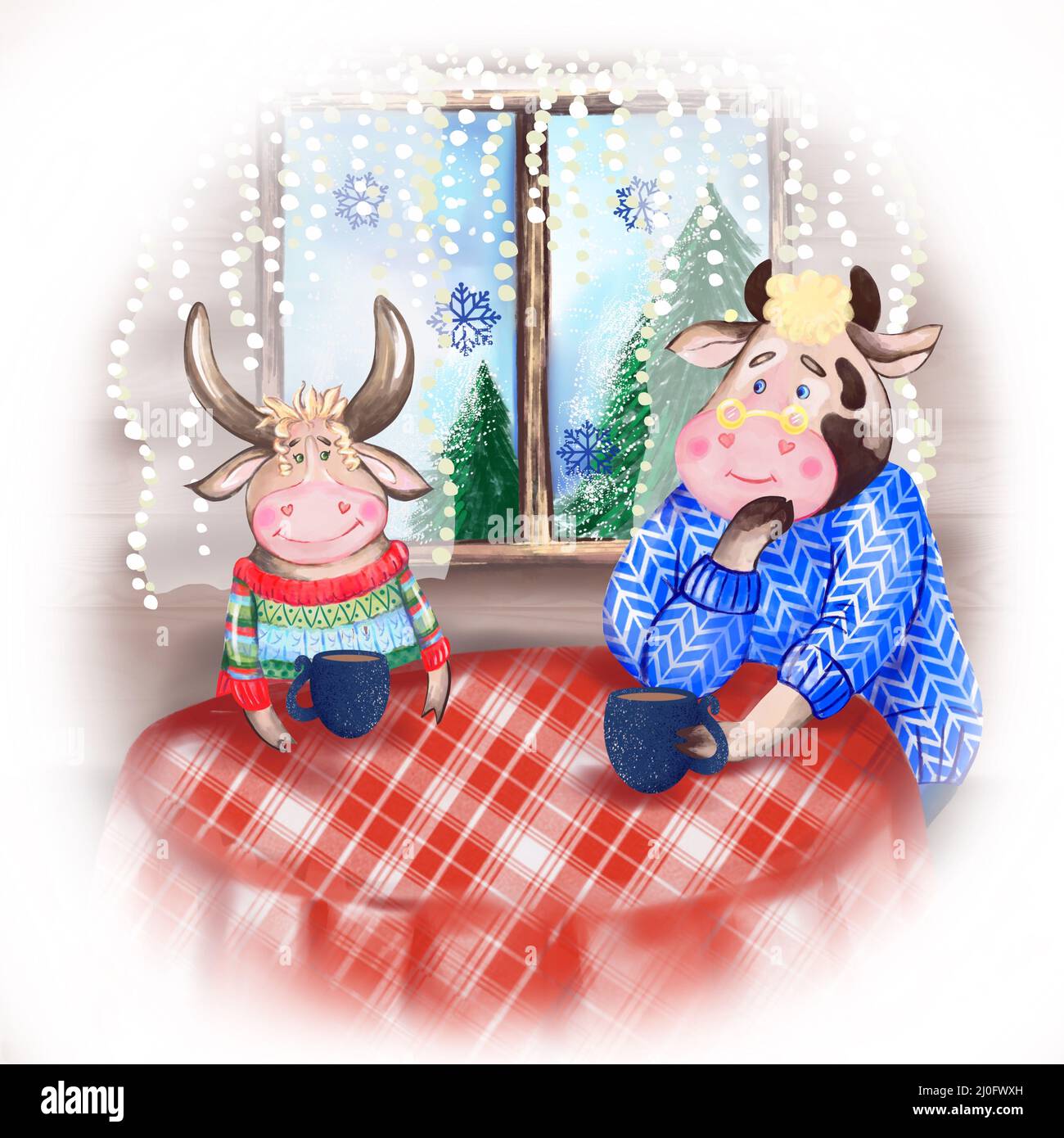 The bull and the cow drinking tea. Symbol of the year 2021. animal ...