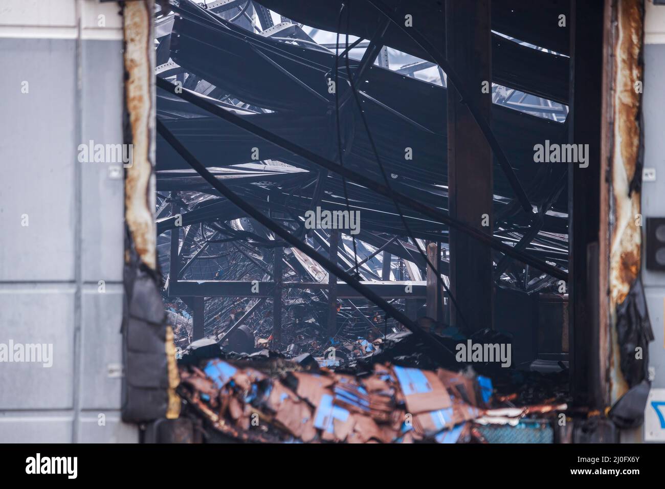 Plainfield, USA. 18th Mar, 2022. The collapsed ceiling of the destroyed ...