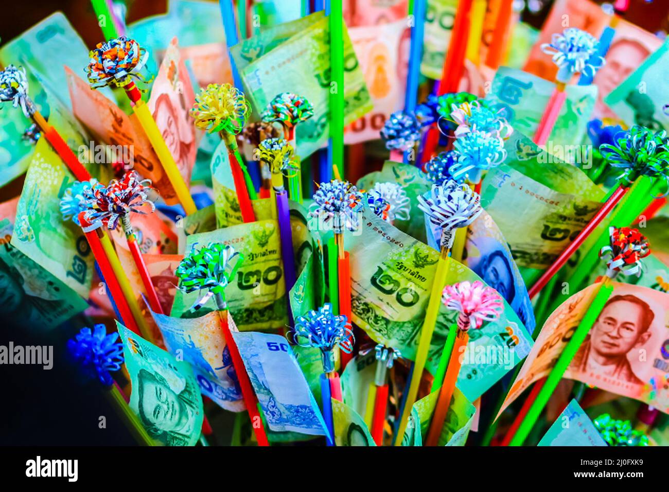 Variety of Thai bill on a money tree in Kathin Annual Ceremony after ...