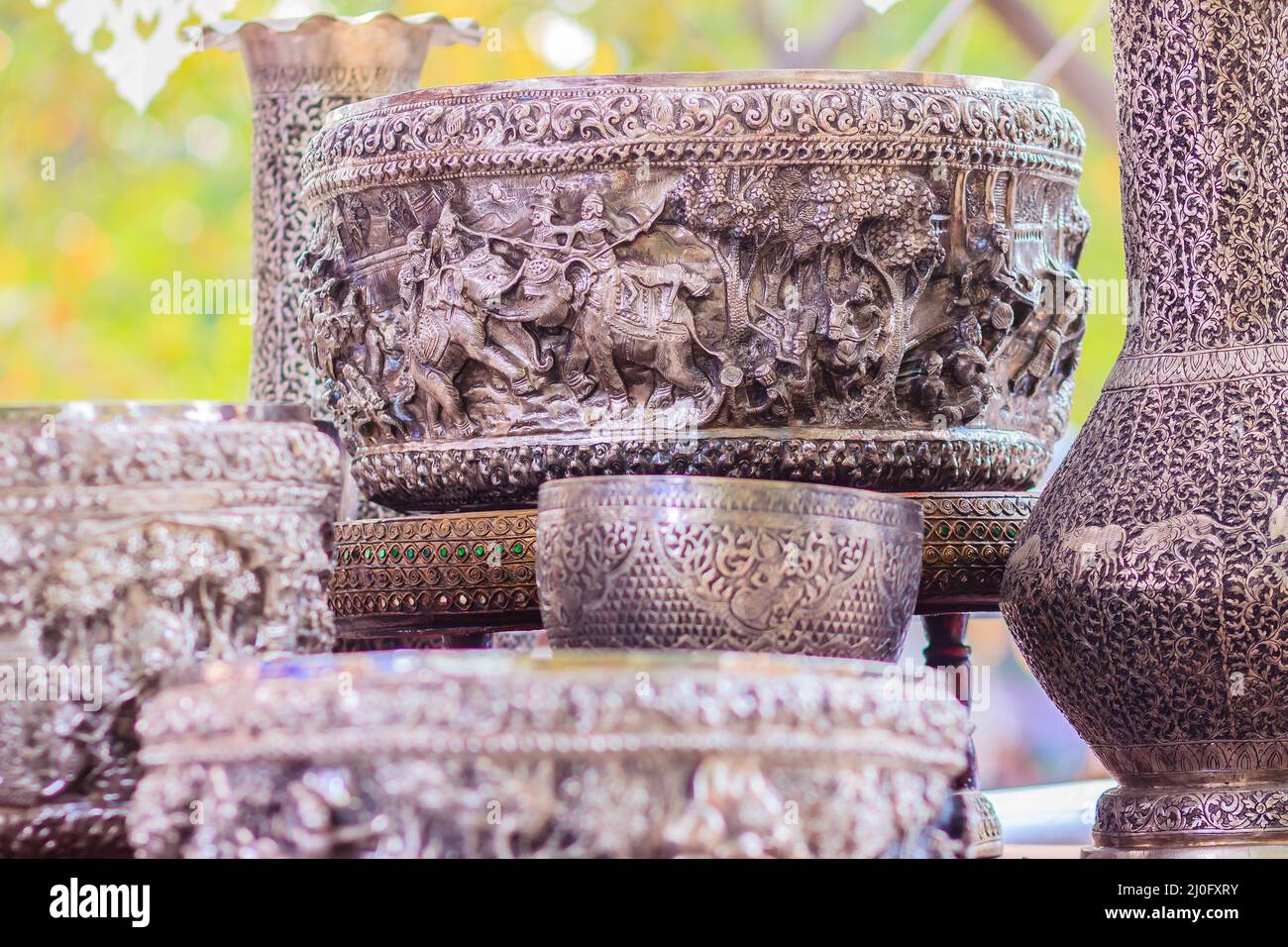 Beautiful Ancient Thai genuine silver bowl, retro engraved silverware ...
