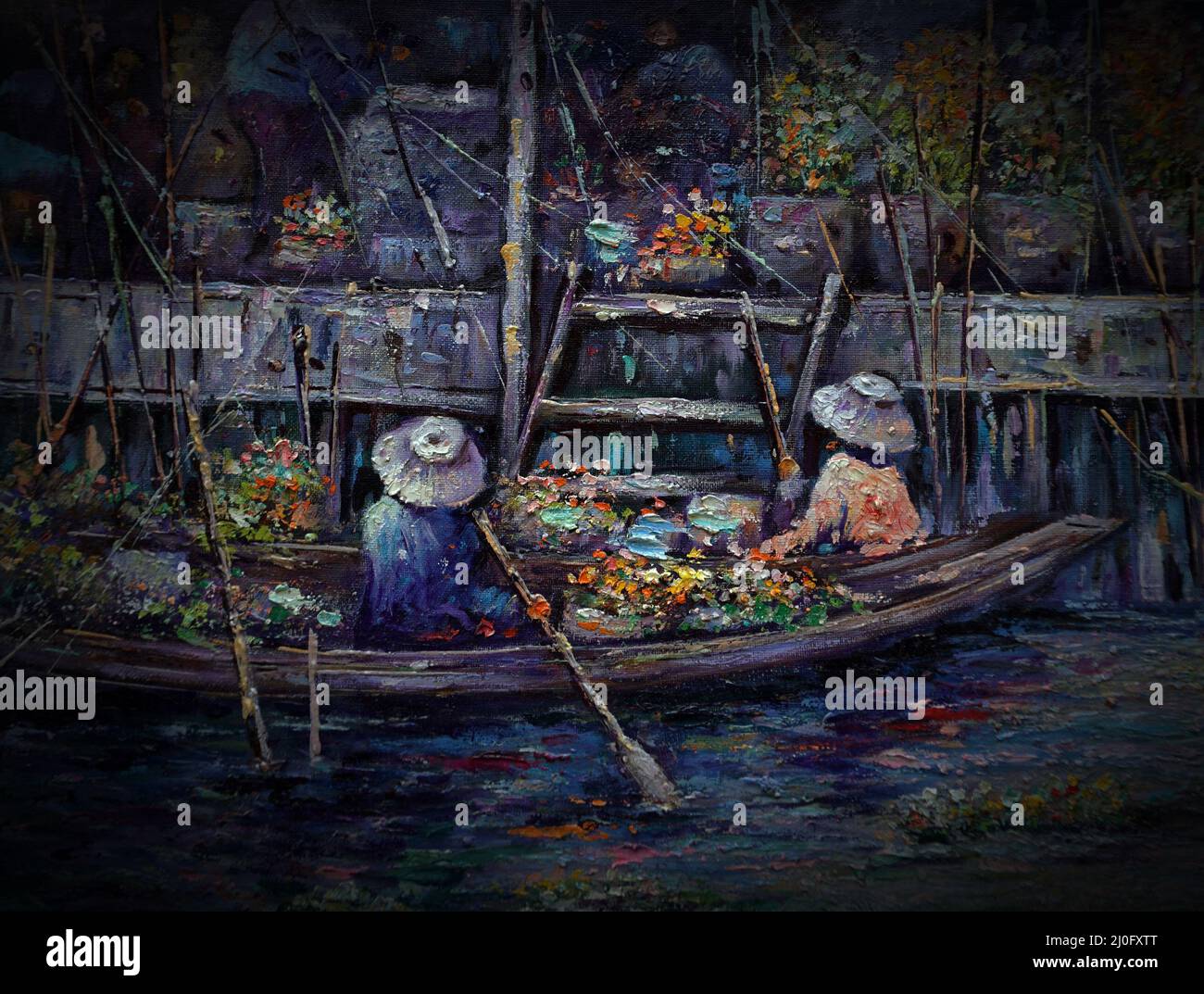 Hand drawn Art painting Oil color Floating market , rural life , rural ...