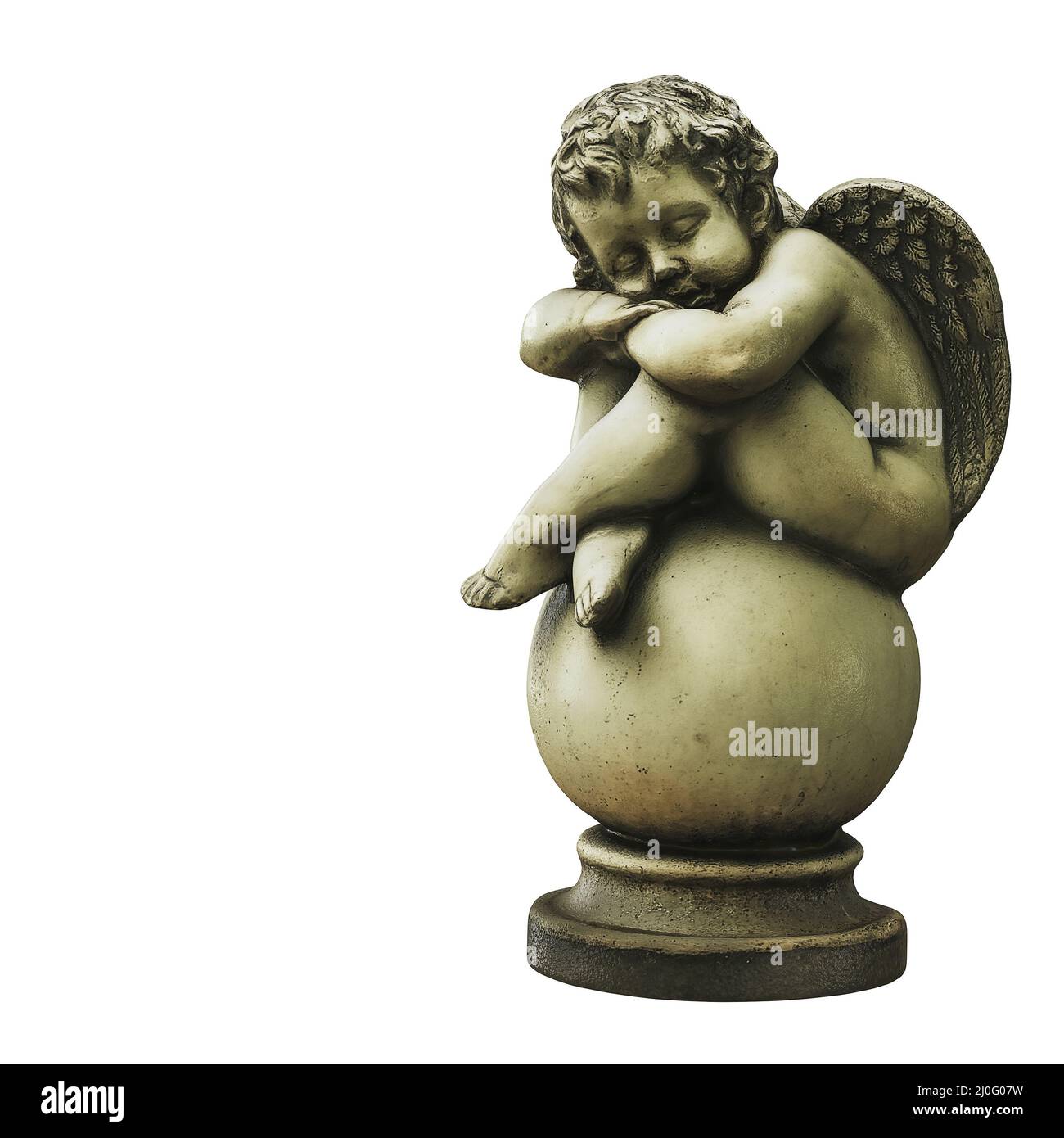 Little white angel with wings sitting on ball on an isolated background ...