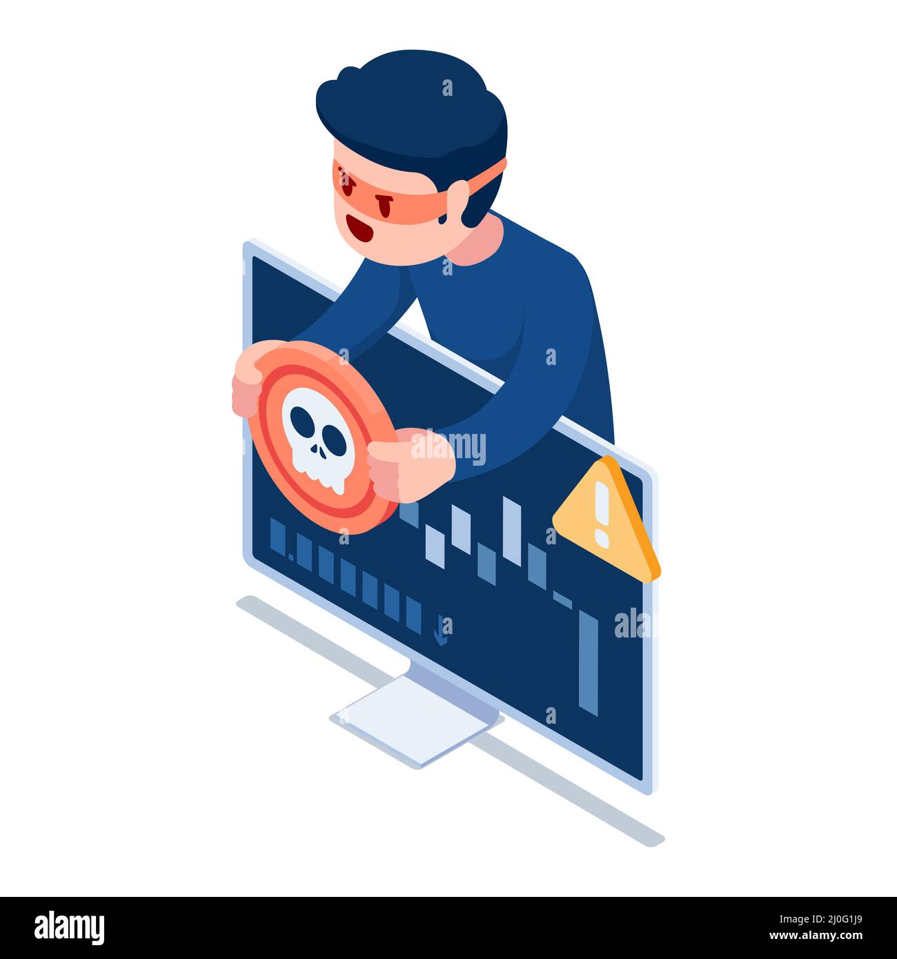 Flat 3d Isometric Thief Holding Coin with Skull Symbol on PC Monitor ...