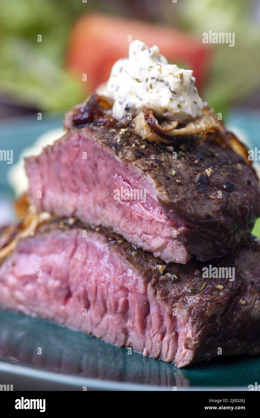 Grilled steak with fried onions Stock Photo - Alamy