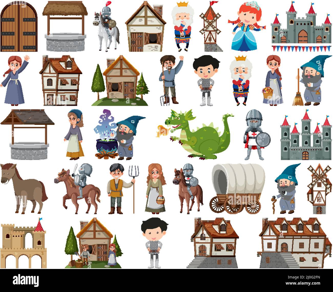 Medieval characters buildings set illustration Stock Vector Image & Art ...