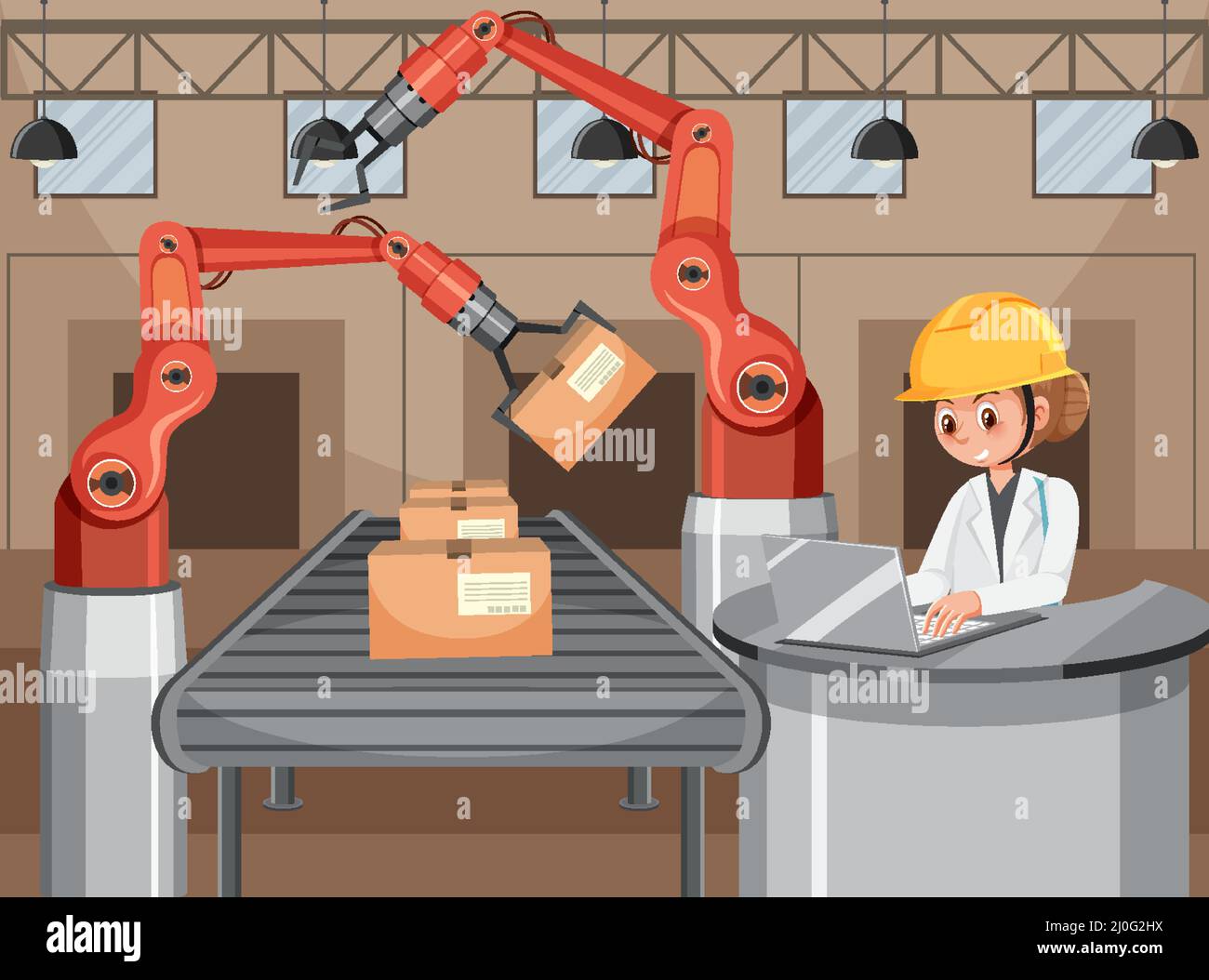 Automation industry concept with assembly line robots illustration ...