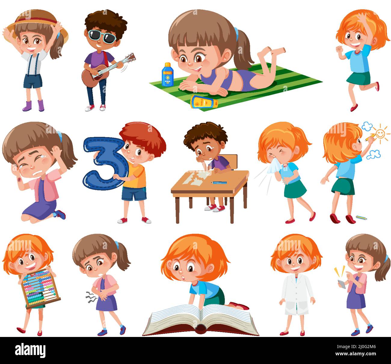 Set of children doing different activities on white background ...