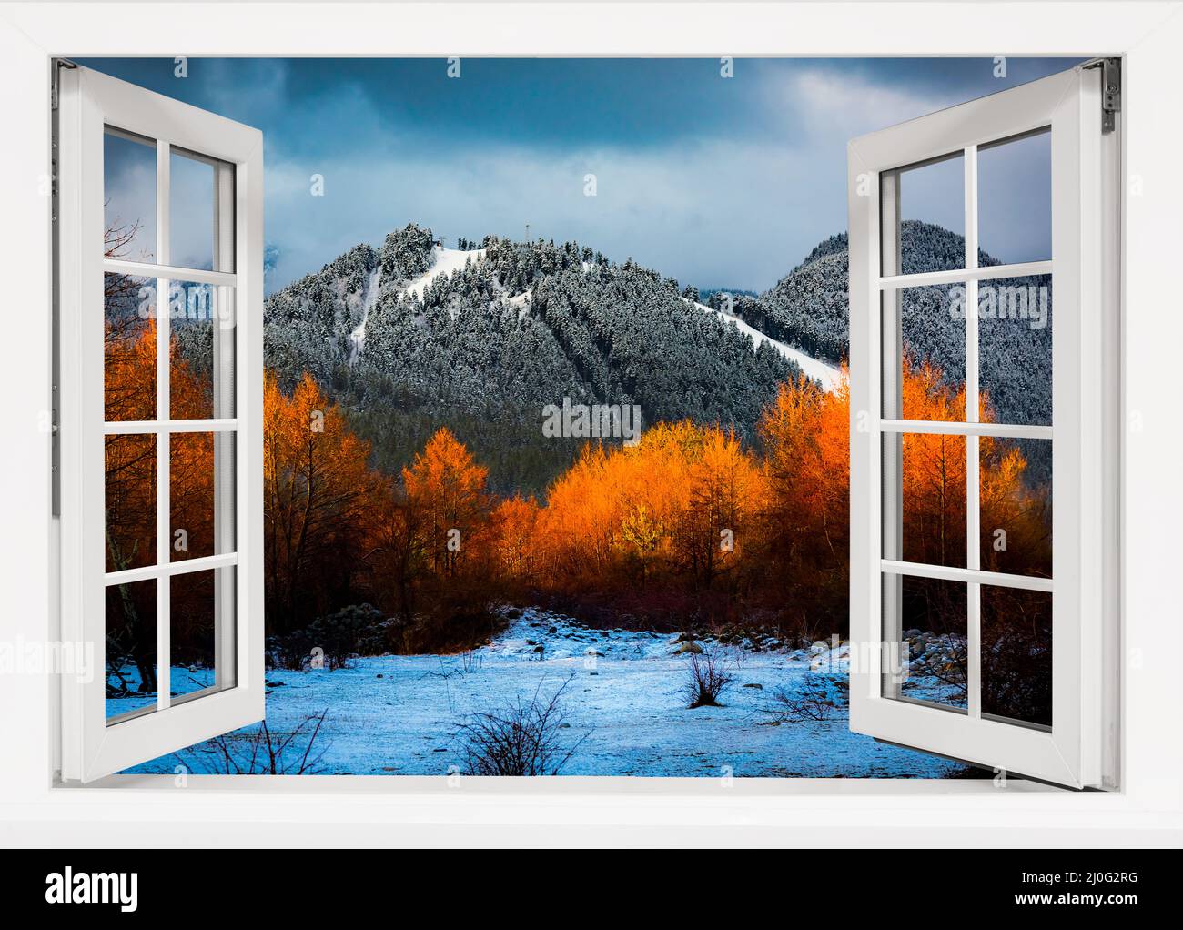 View window mountains autumn Stock Photo - Alamy