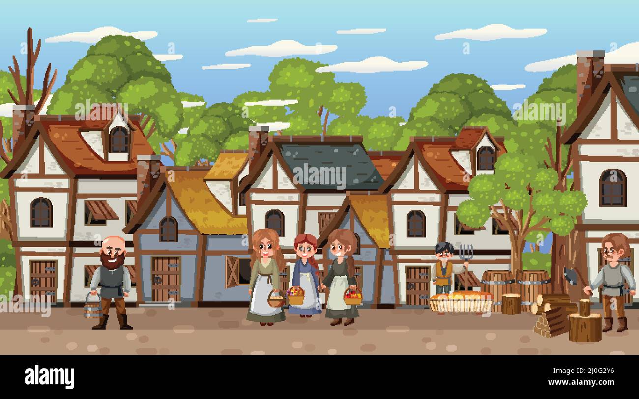 Medieval town scene with villagers illustration Stock Vector Image ...