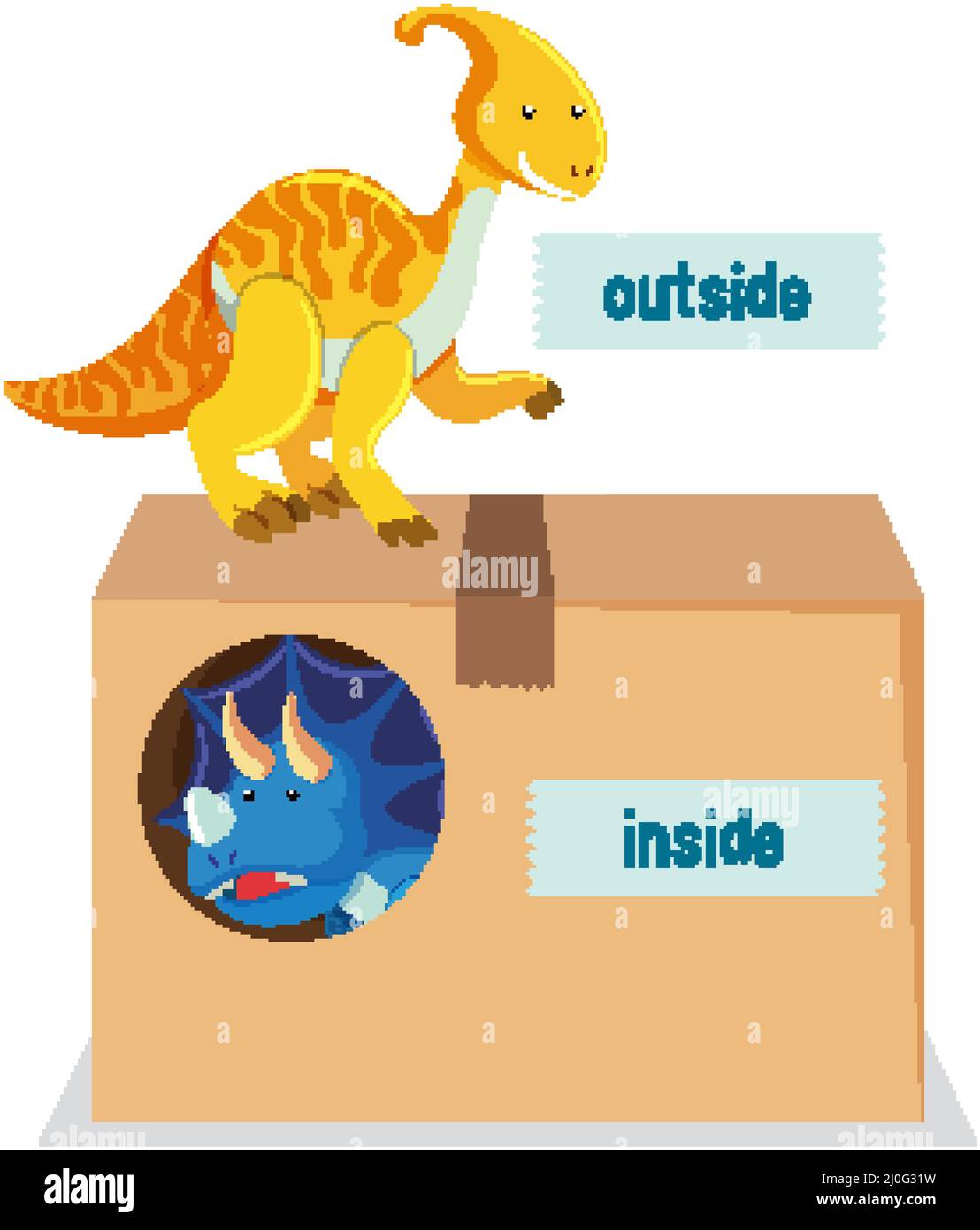 English prepositions with dinosaurs in and out of boxes illustration ...