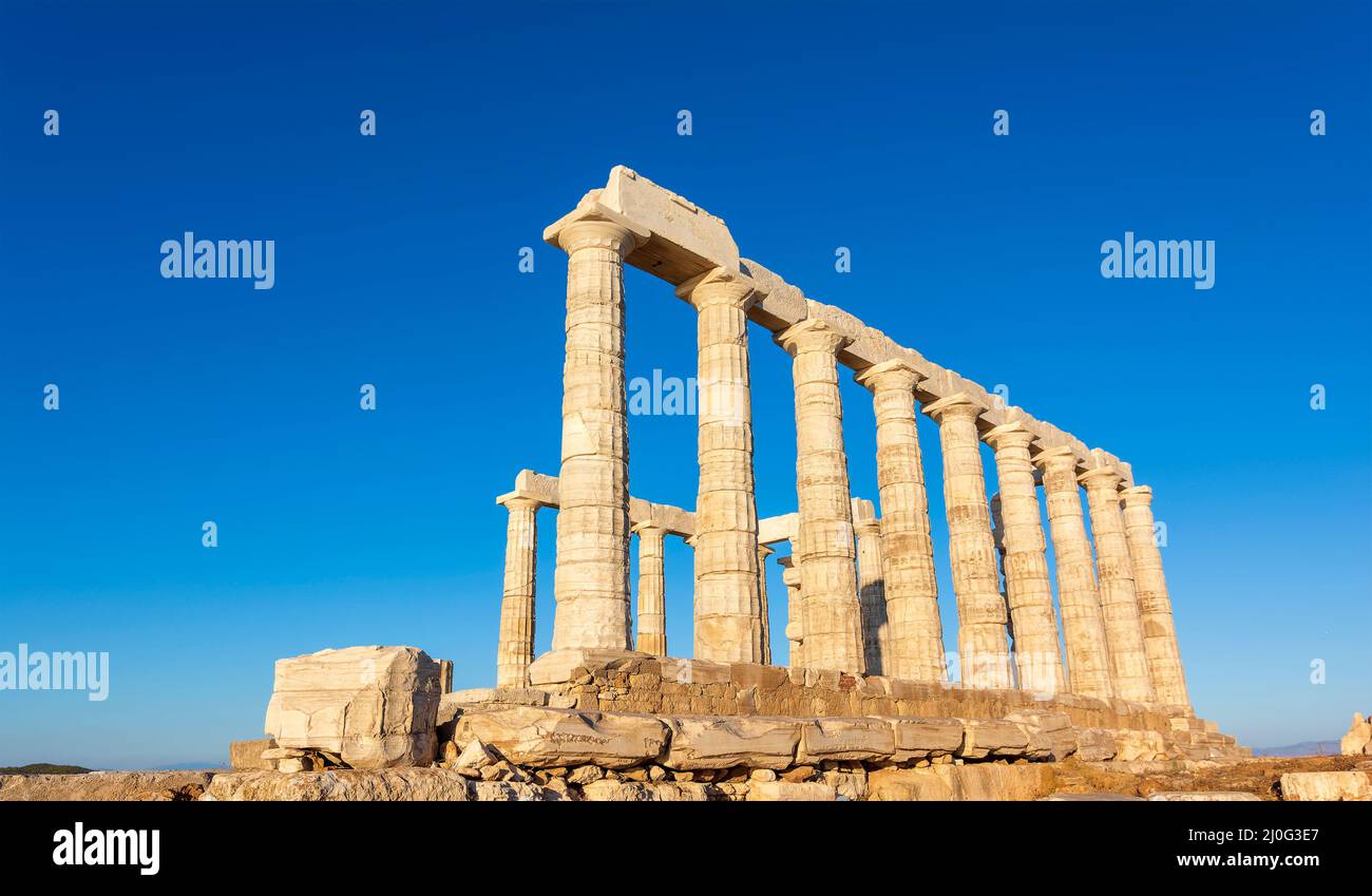 Ruins of an ancient temple of Poseidon at Greece Cape Sounio. Poseidon ...