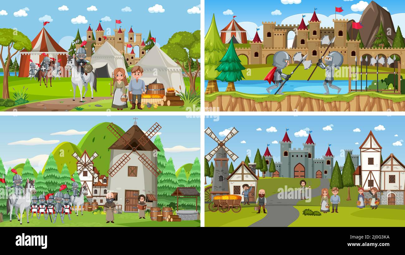 Set of different scene medieval illustration Stock Vector Image & Art ...