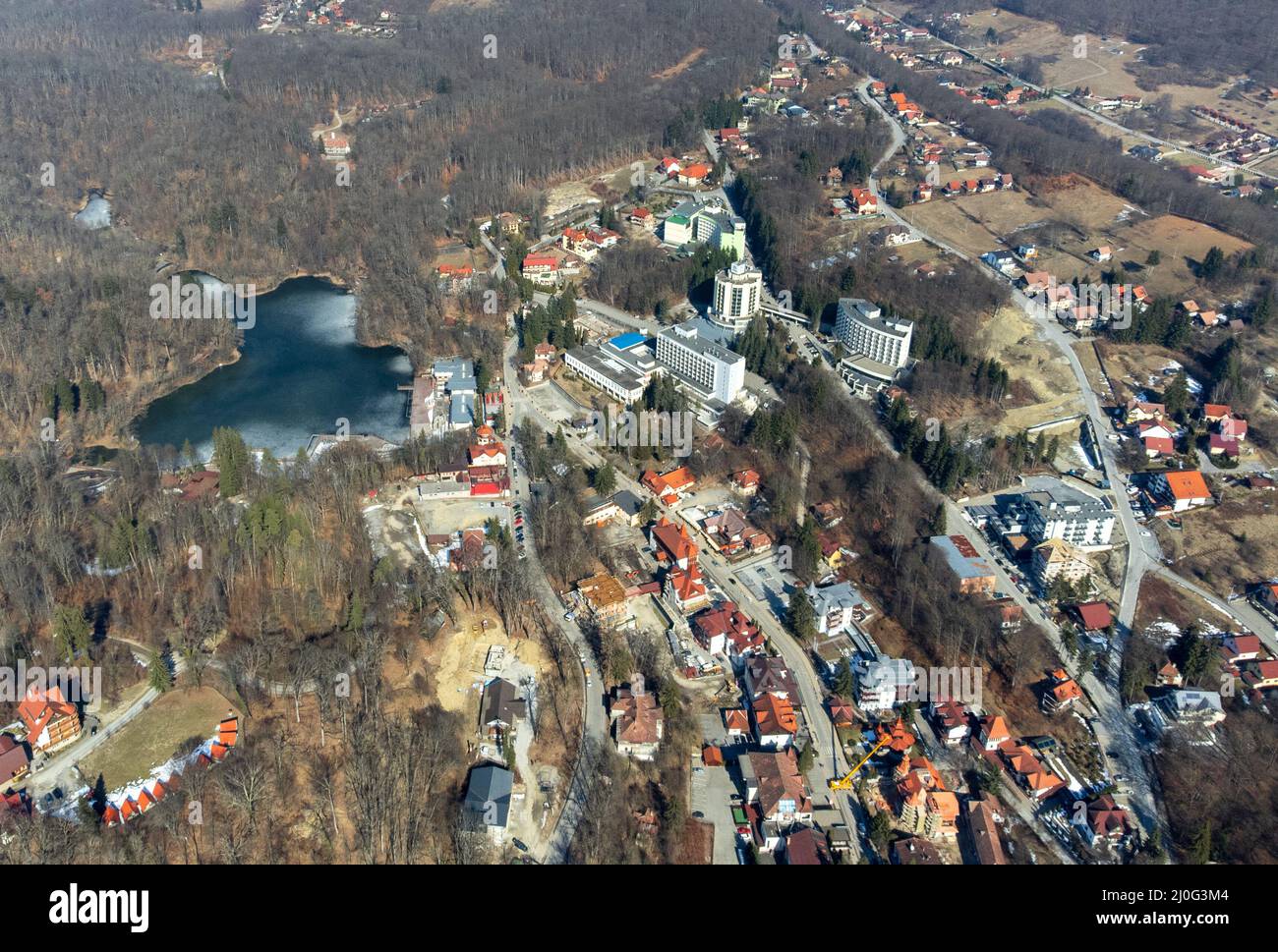 Aerial view of the landscape of Sovata resorts and mountains in Romania ...