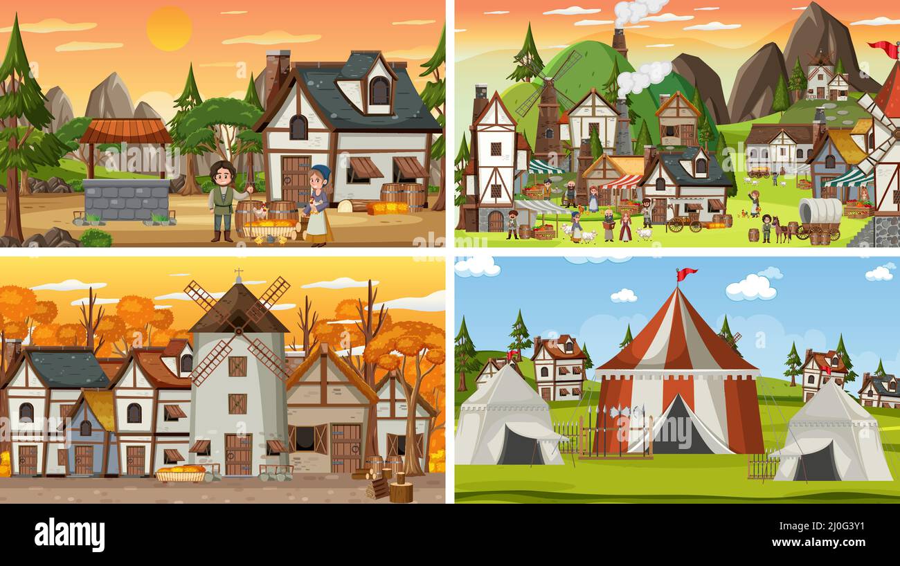 Set of different scene medieval illustration Stock Vector Image & Art ...