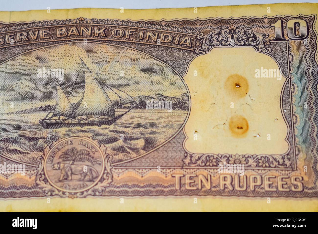 Close up view of rare ten rupee note on the table, Old Indian Currency ...