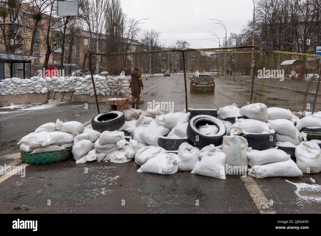 KYIV, UKRAINE 01 March. A roadblock is lined with sandbags in Protasiv ...