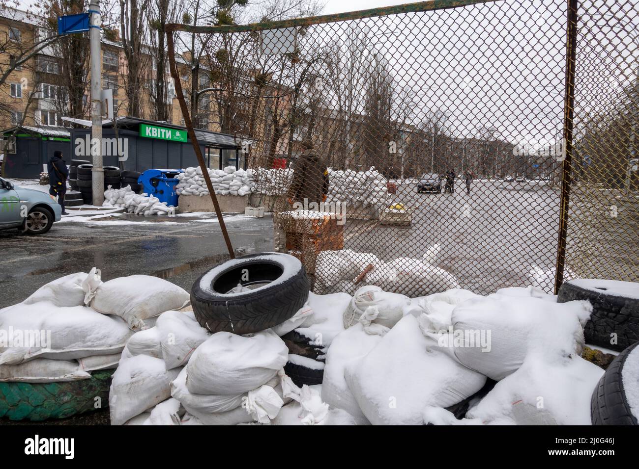 KYIV, UKRAINE 01 March. A roadblock is lined with sandbags in Protasiv ...