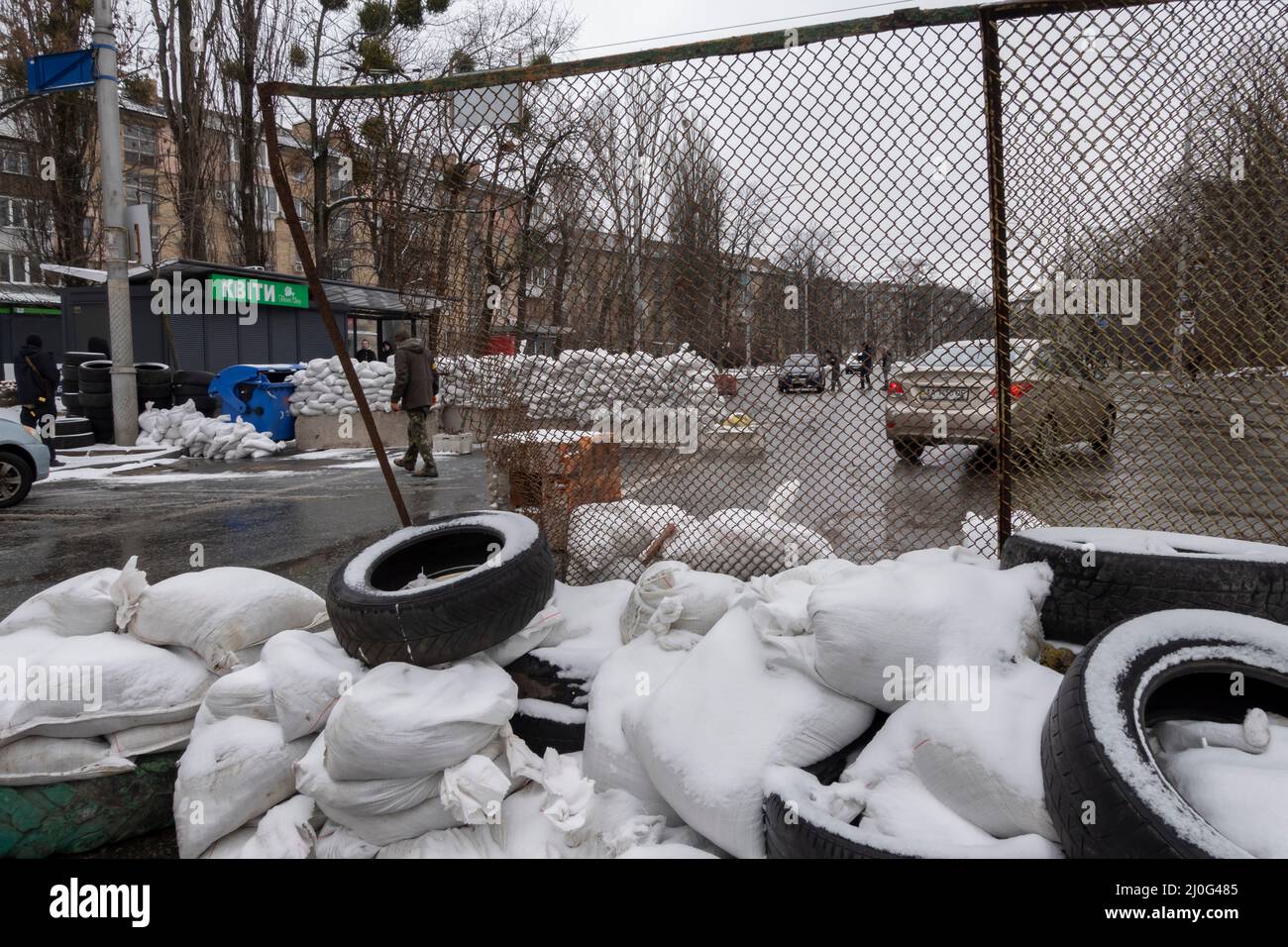 KYIV, UKRAINE 01 March. A roadblock is lined with sandbags in Protasiv ...