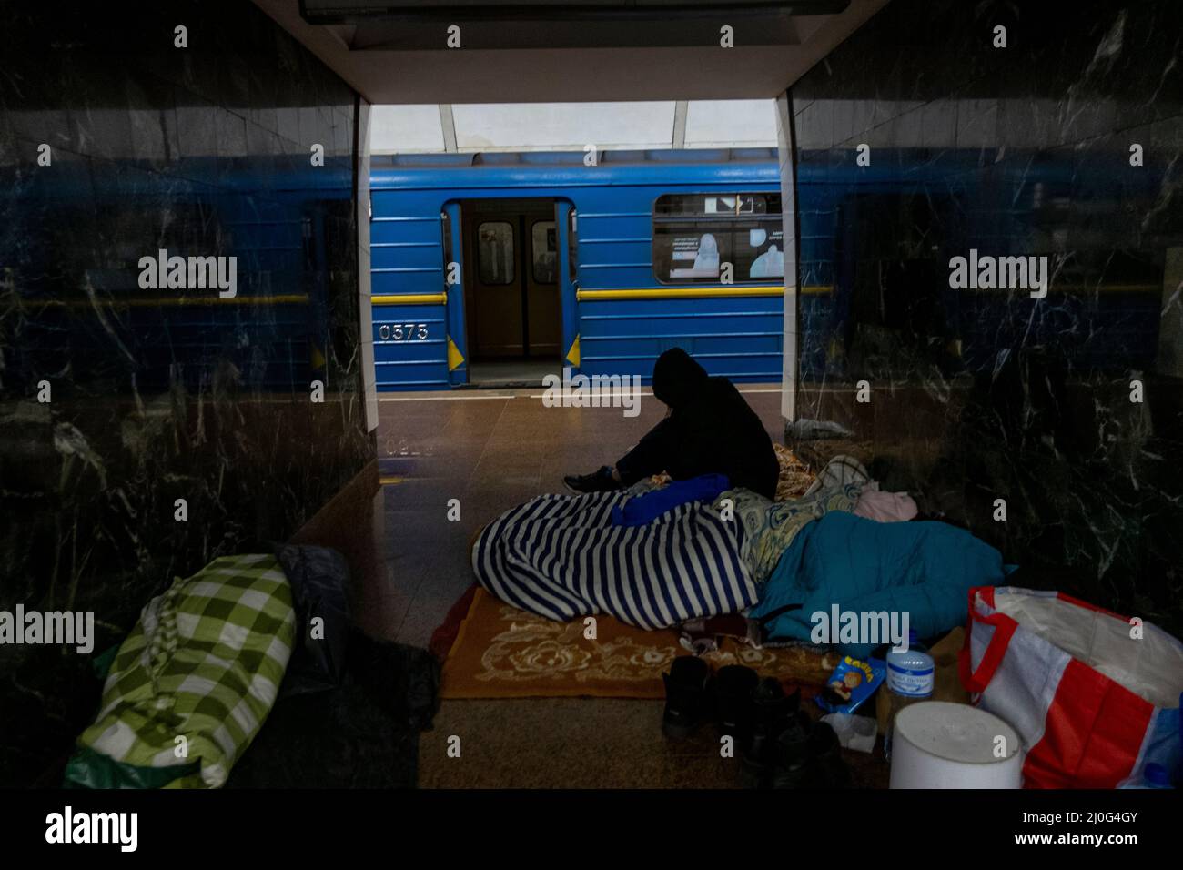 KYIV, UKRAINE 02 March. People gather in an underground metro station ...