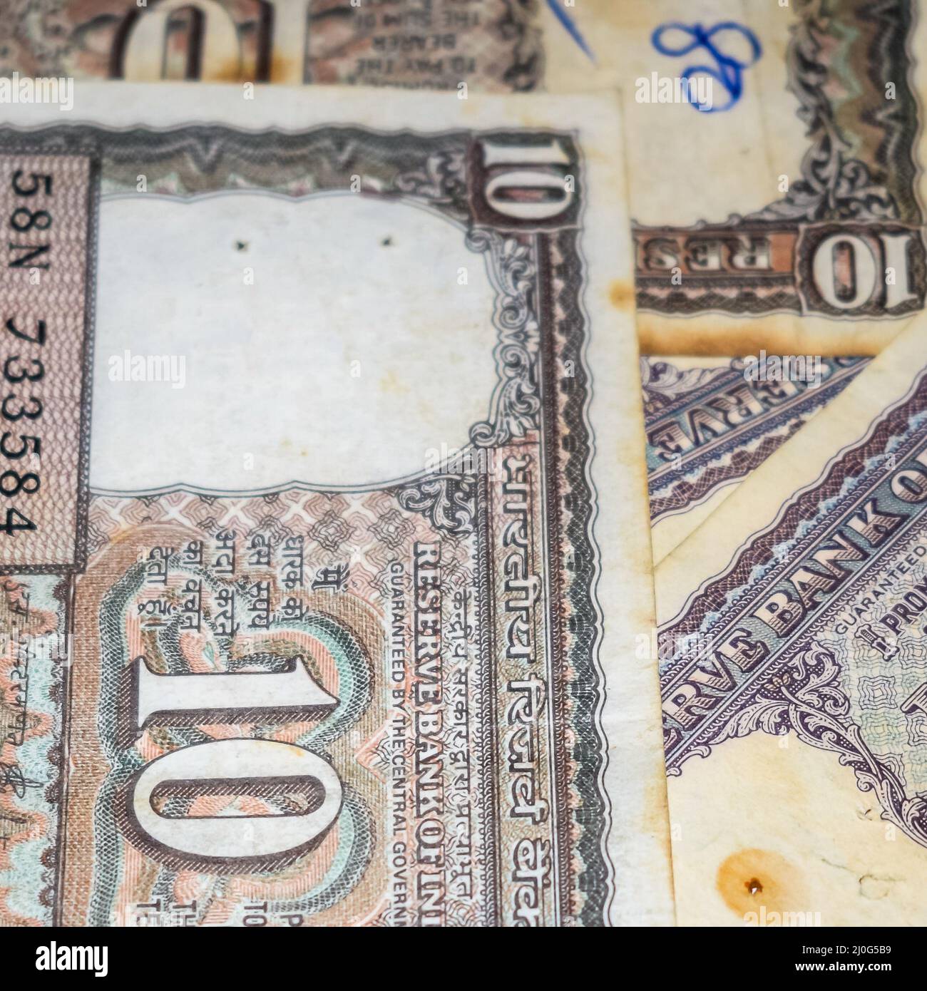 Close up view of rare ten rupee note on the table, Old Indian Currency ...