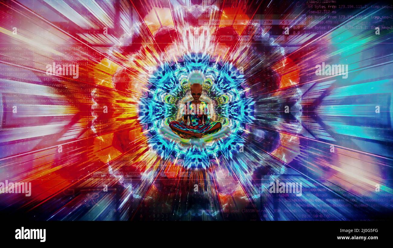 Seamless loop alien with body paint meditating or doing yoga om a ...