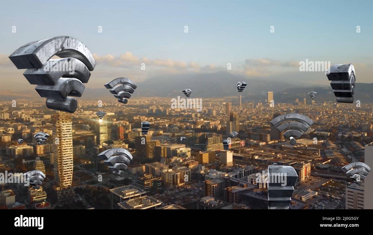 Aerial city connected through 5G. Wireless network, mobile technology ...