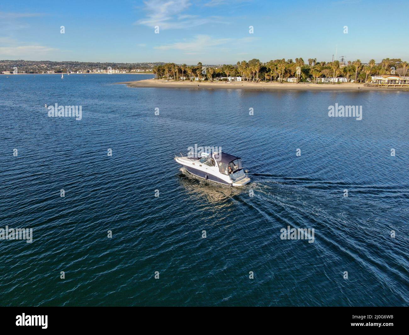 Aerial view of small speed boat in the Mission Bay of San Diego ...