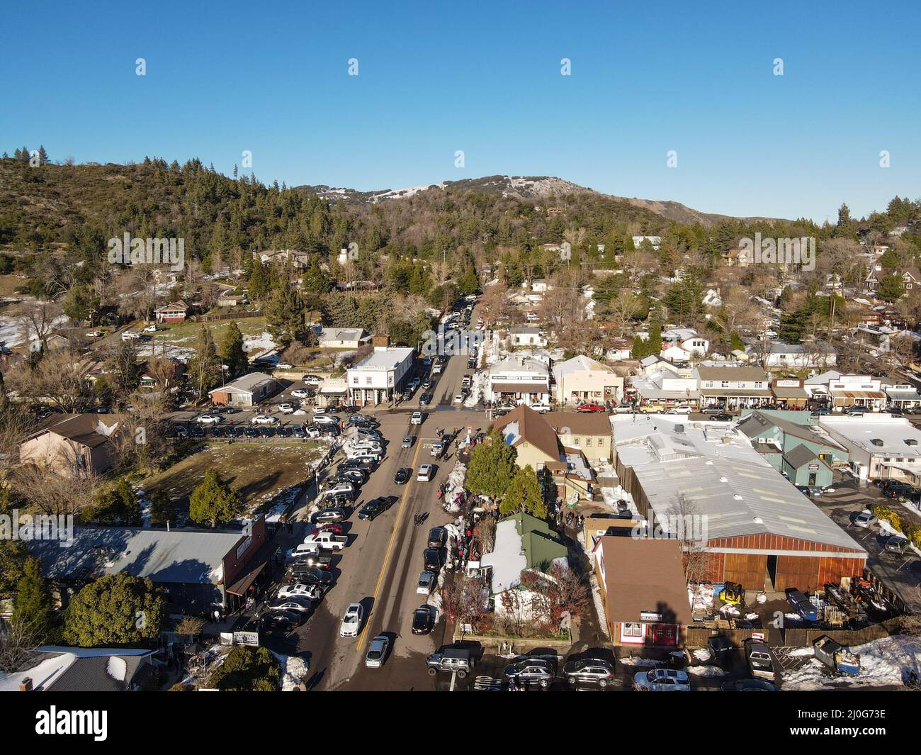 Aerial view of historic Downtown City of Julian during snow day Stock ...