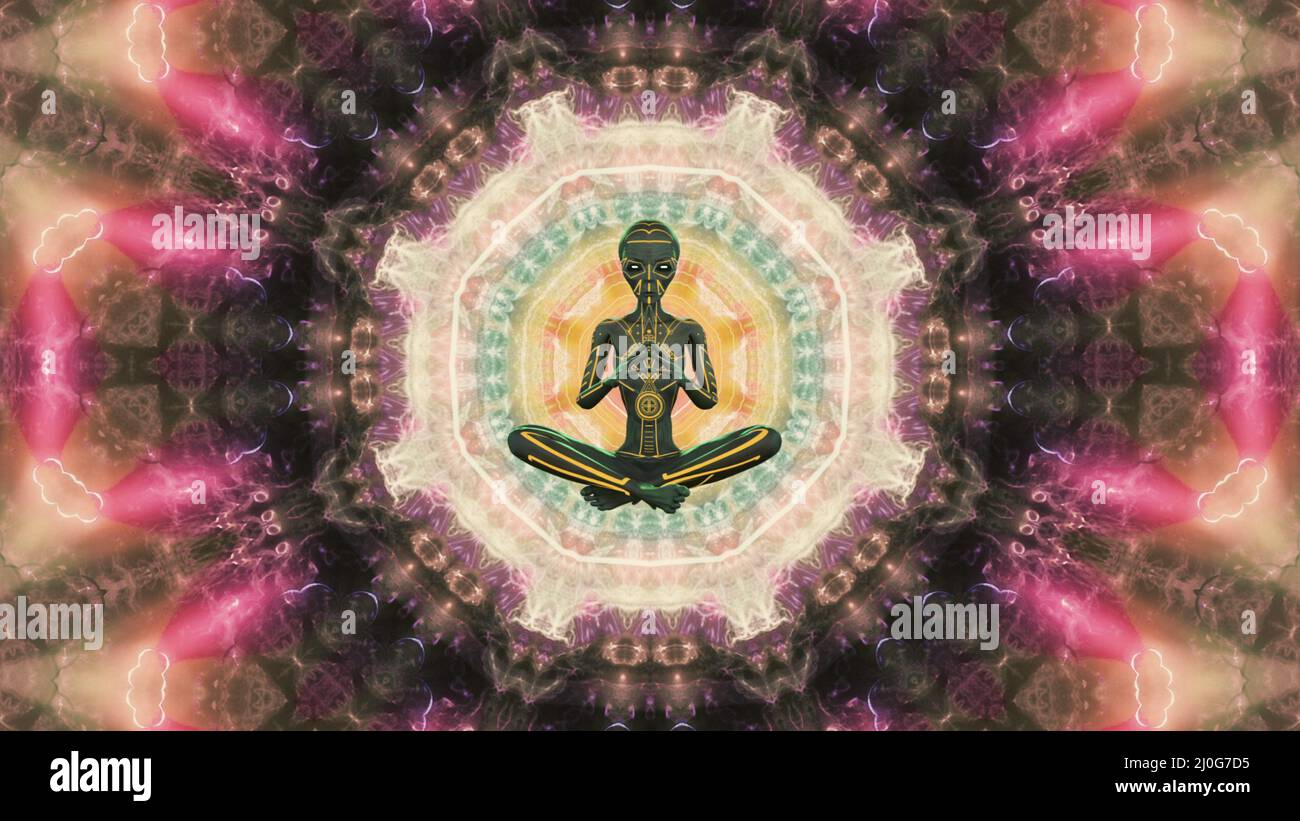 Seamless loop alien with body paint meditating or doing yoga on a ...