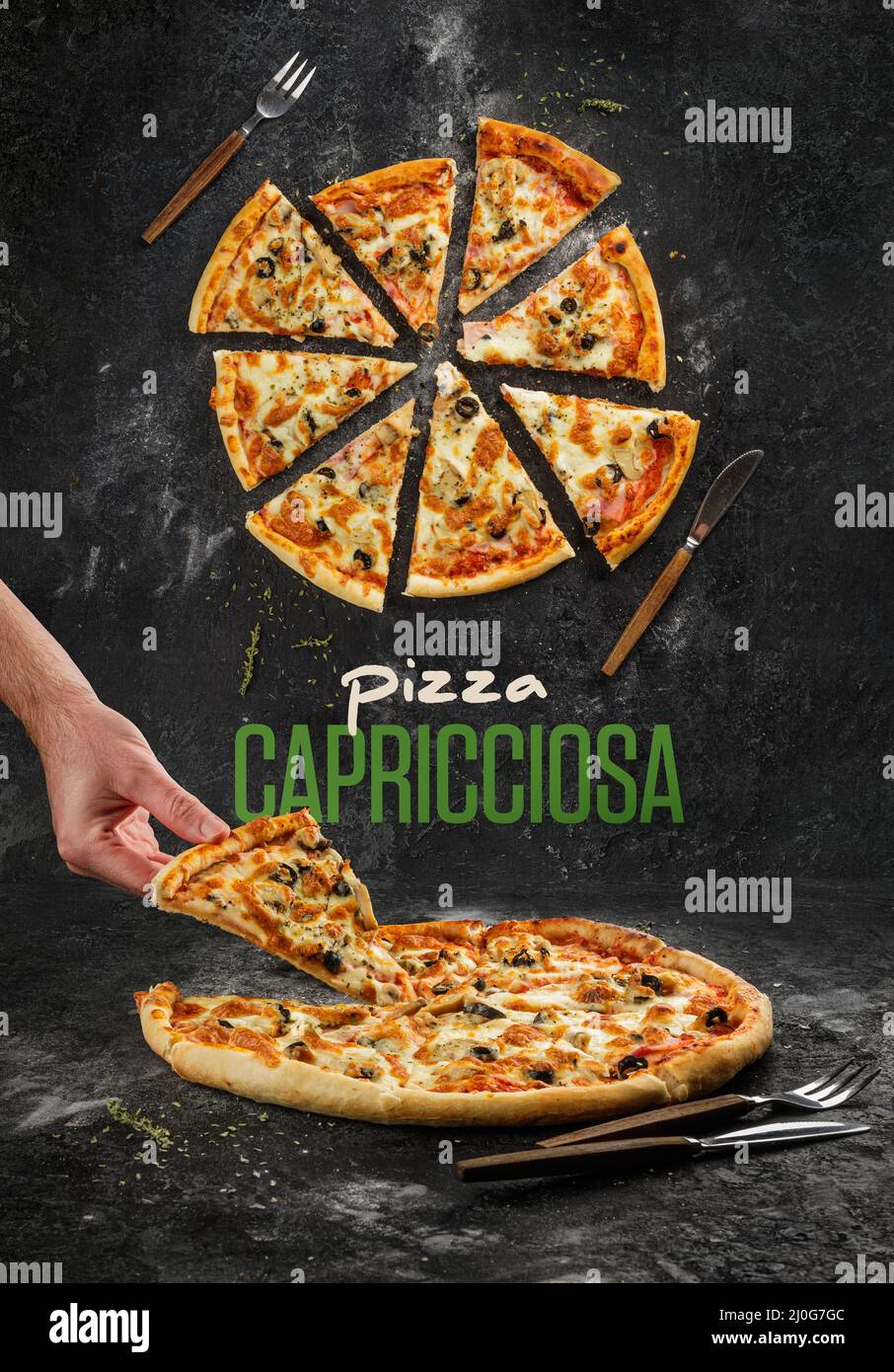 Home made original italian pizza with human hand holding pizza slice ...