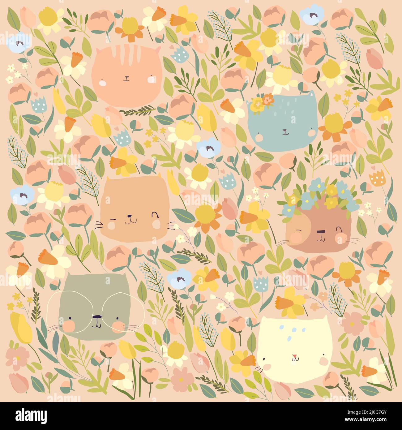 Cute Cartoon Cats Heads with Spring Flowers Stock Vector Image & Art ...