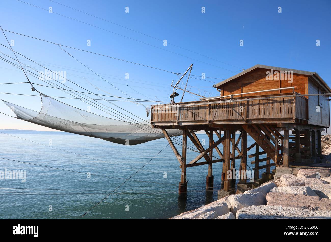 Large fishing hut and the huge nets for catching fish and crustaceans ...